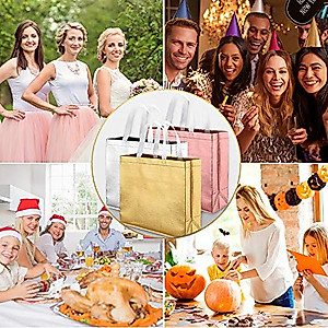 Whaline Set of 12 Glossy Reusable Grocery Bag, Tote Bag with Handle, Non-woven Stylish Gift Bag, Goodies Bag, Shopping Promotional Bag, for Holiday Party,Event,Birthday (Rose gold, Gold, Silver)