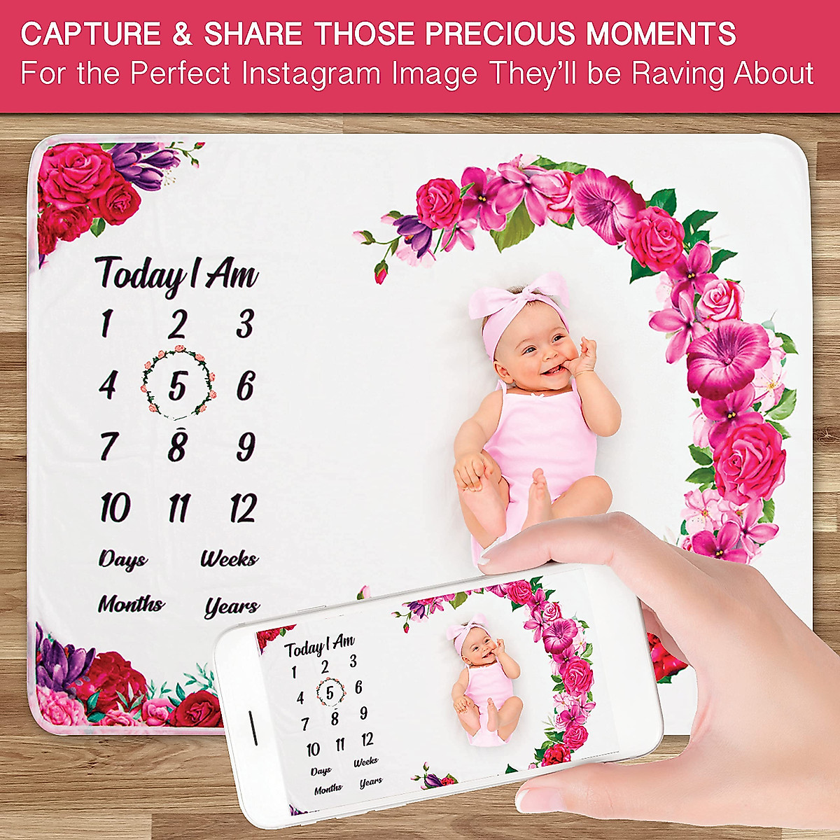 Bolino Baby Milestone Blanket for Girls Photo Prop ‎with 2 Frames, 5 Hair Bands, Flower Design in Soft ‎Minky Fleece - Baby Gift for Newborn Girl - 40x51 ‎In - Pink Flowers on White Background
