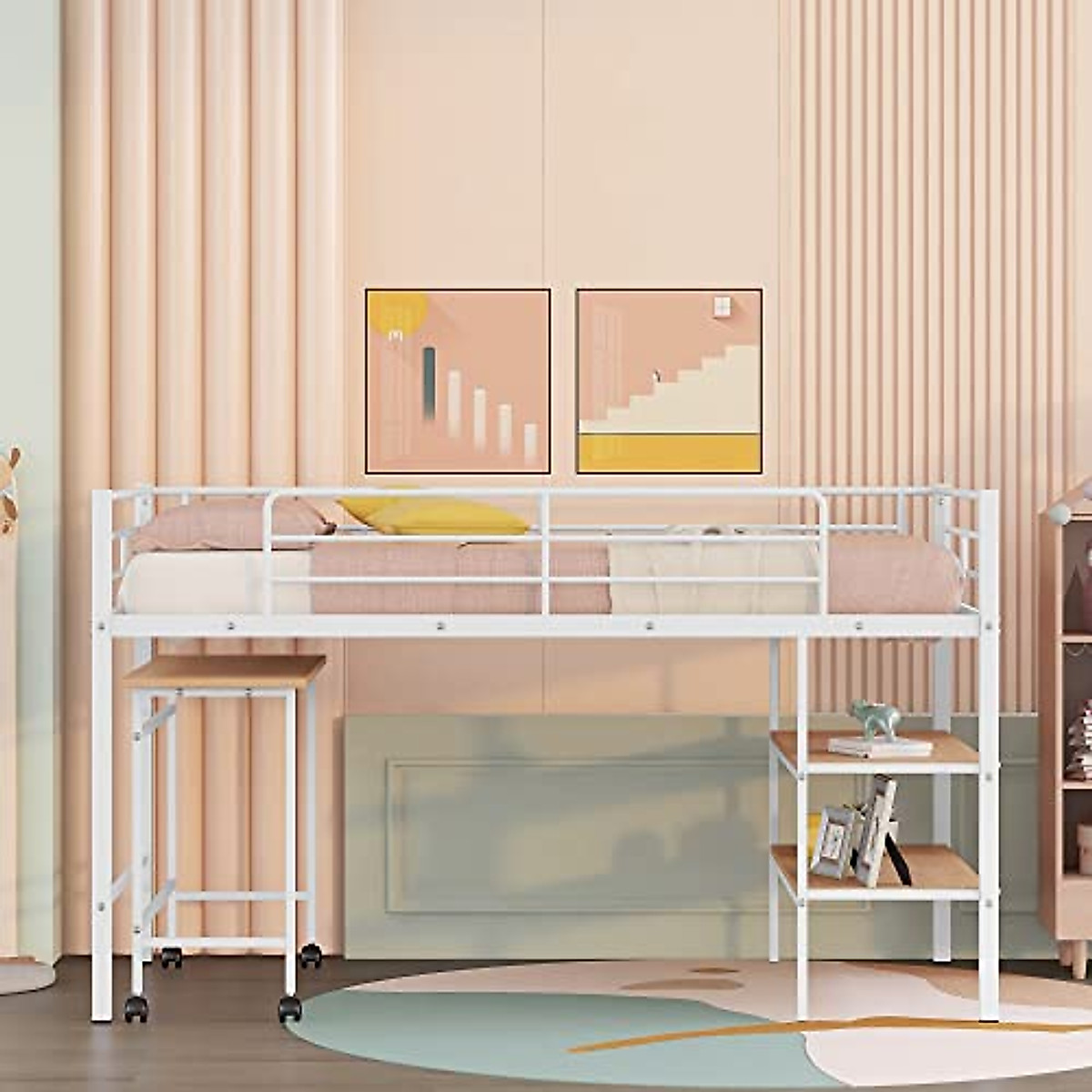 Tdewlye Multifunctional Design Twin Size Metal Loft Bed with Desk and Shelves, for Girls,Boys,Kids,Teens, (White-@66)