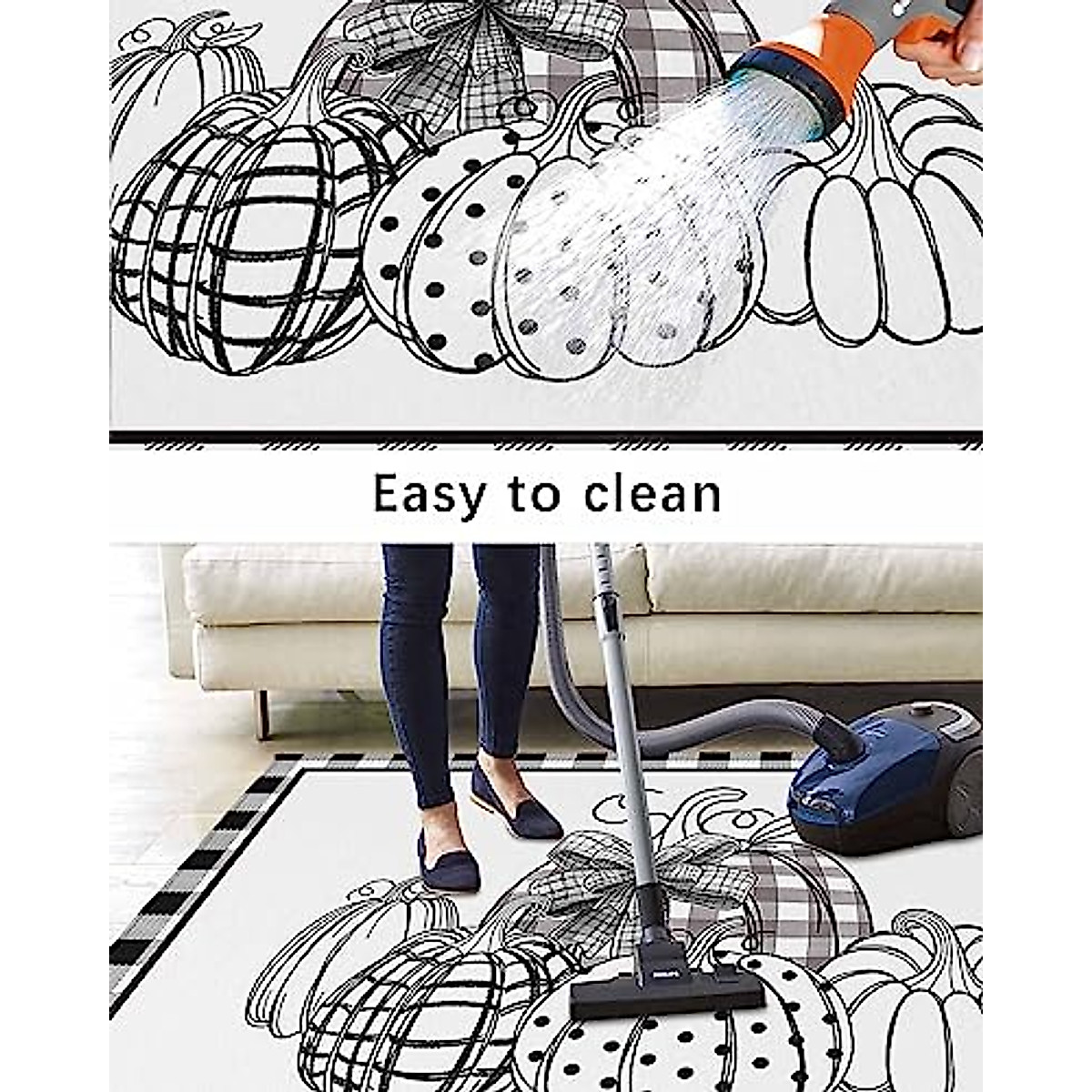 Outdoor Rug 4' x 6', Fall Thanksgiving Large Area Rugs for Patio/RV/Deck/Porch/Indoors, Black and White Checkered Pumpkin Water Absorption Camping Rug Carpet, Lightweight Washable Rug Runners