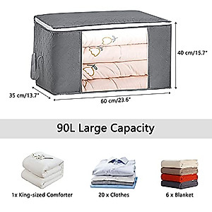 FYY Clothes Storage Bag, 3 Pack 90L Foldable Storage Bin Closet Organizer with Reinforced Handle Sturdy Fabric Clear Window, Clothes Comforters Blankets Bedding Storage Bin with Zipper Grey