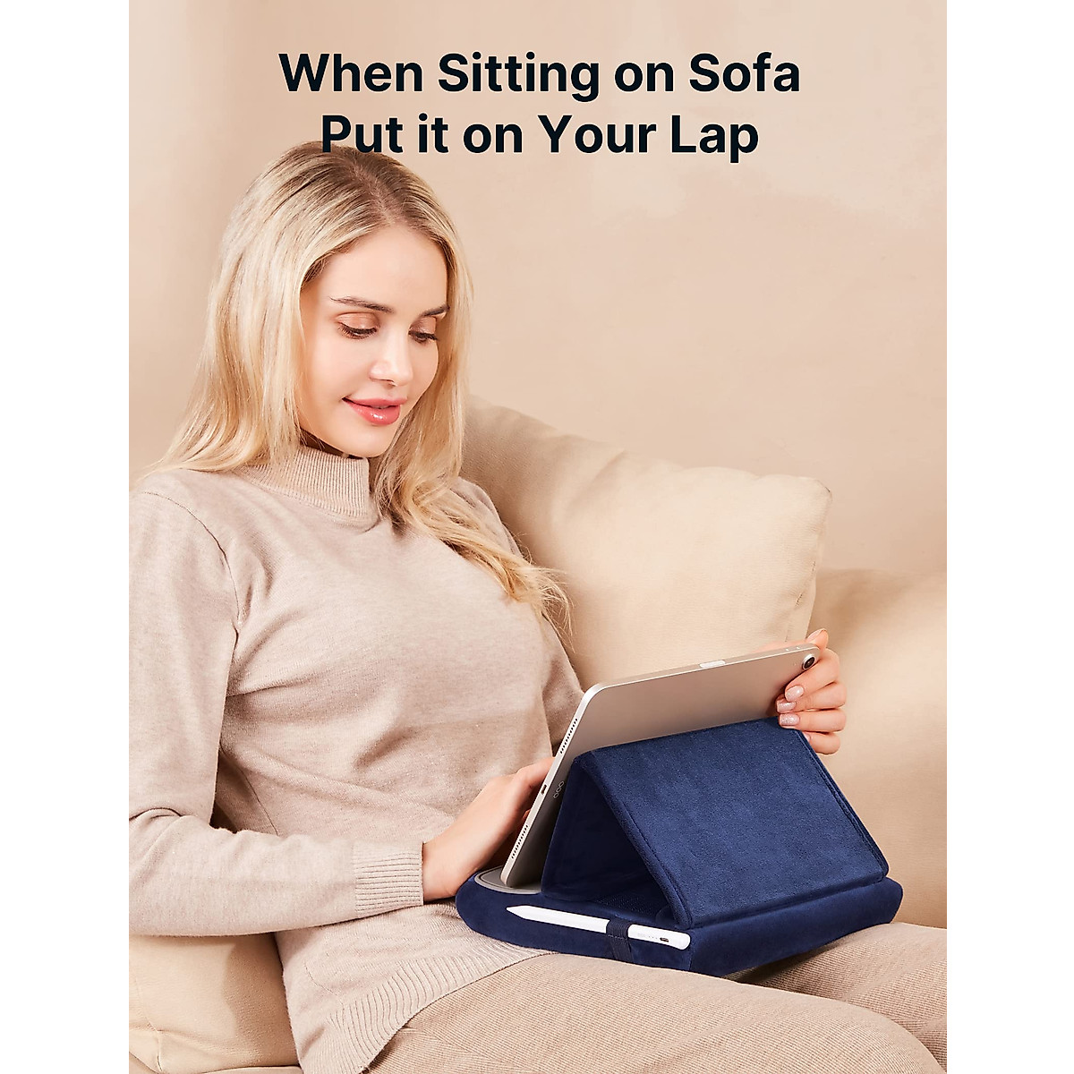 JSAUX Tablet Pillow Stand, Tablet Stand Holder Dock for Lap, Bed and Desk Compatible with iPad Pro 11 10.5 9.7 10.2 Air Mini, Kindle, Tablets, Phones, E-Reader, Books and More 4-11'' devices Navy Blue