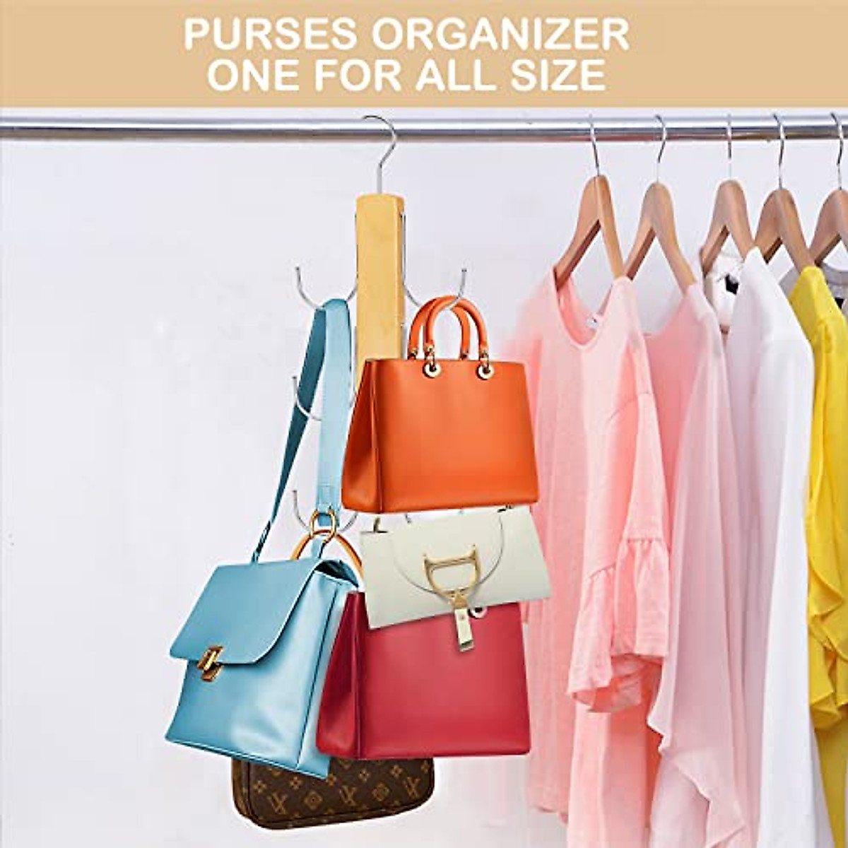 Volnamal Purse Hanger Organizer for Closet, Wood Handbag Storage Holder Metal Hanging Space Saving Hook, Closet Organizers and Storage Scarves, Ties, Shawls, Backpacks, Belts