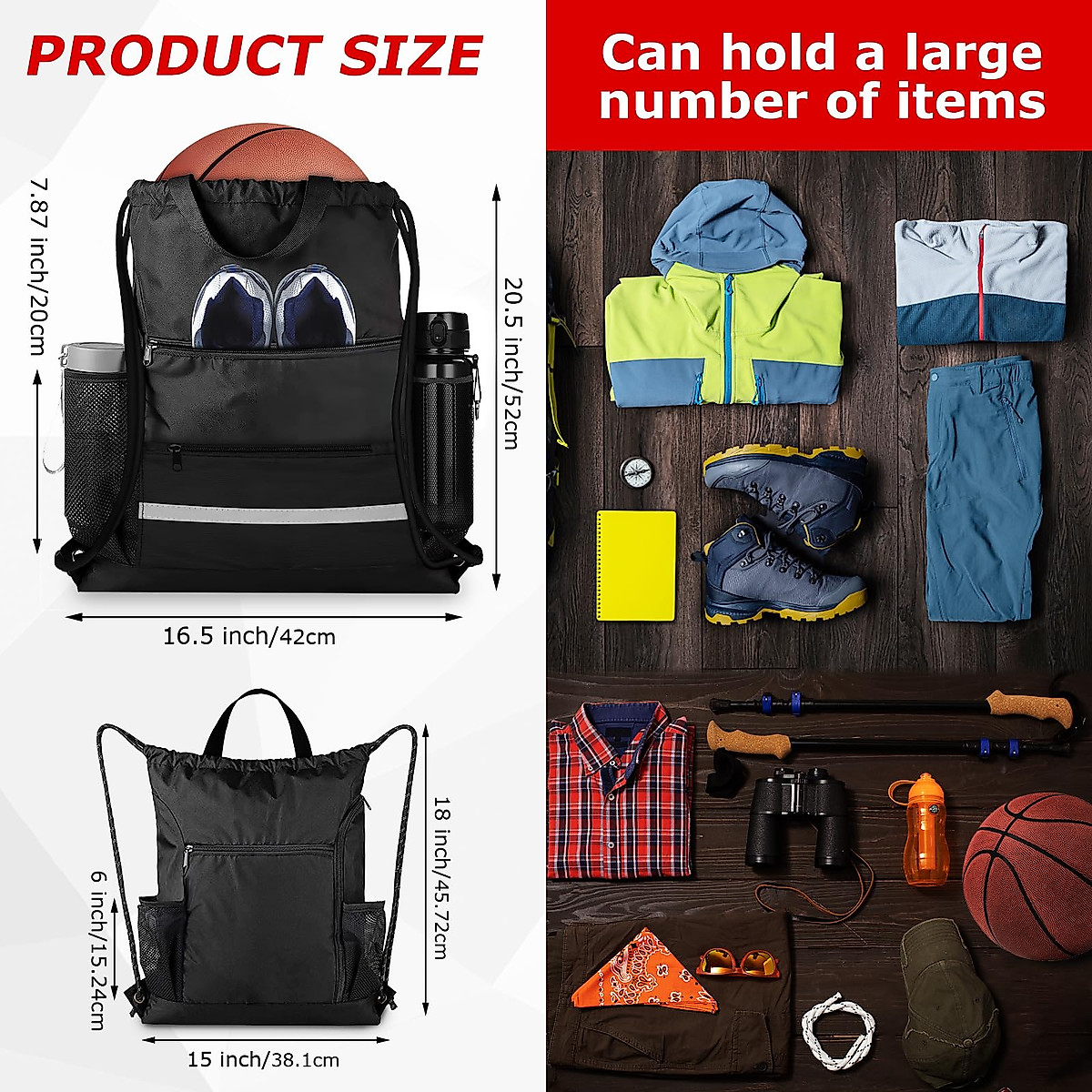 AURUZA Drawstring Backpack Bag, Waterproof Black Draw String Back Sack with Zip Pocket PE Gym Cinch Tote Basketball Soccer String Bags Sackpack Bulk Swim Bag for Men Women