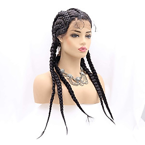 Xiweiya Long Black Braided Wig with Baby Hair Highlight 1B# Black Hair Synthetic 360 Full Lace Wig 5 Braids for Women,Drag Queen Makeup Christmas Party 24 Inches