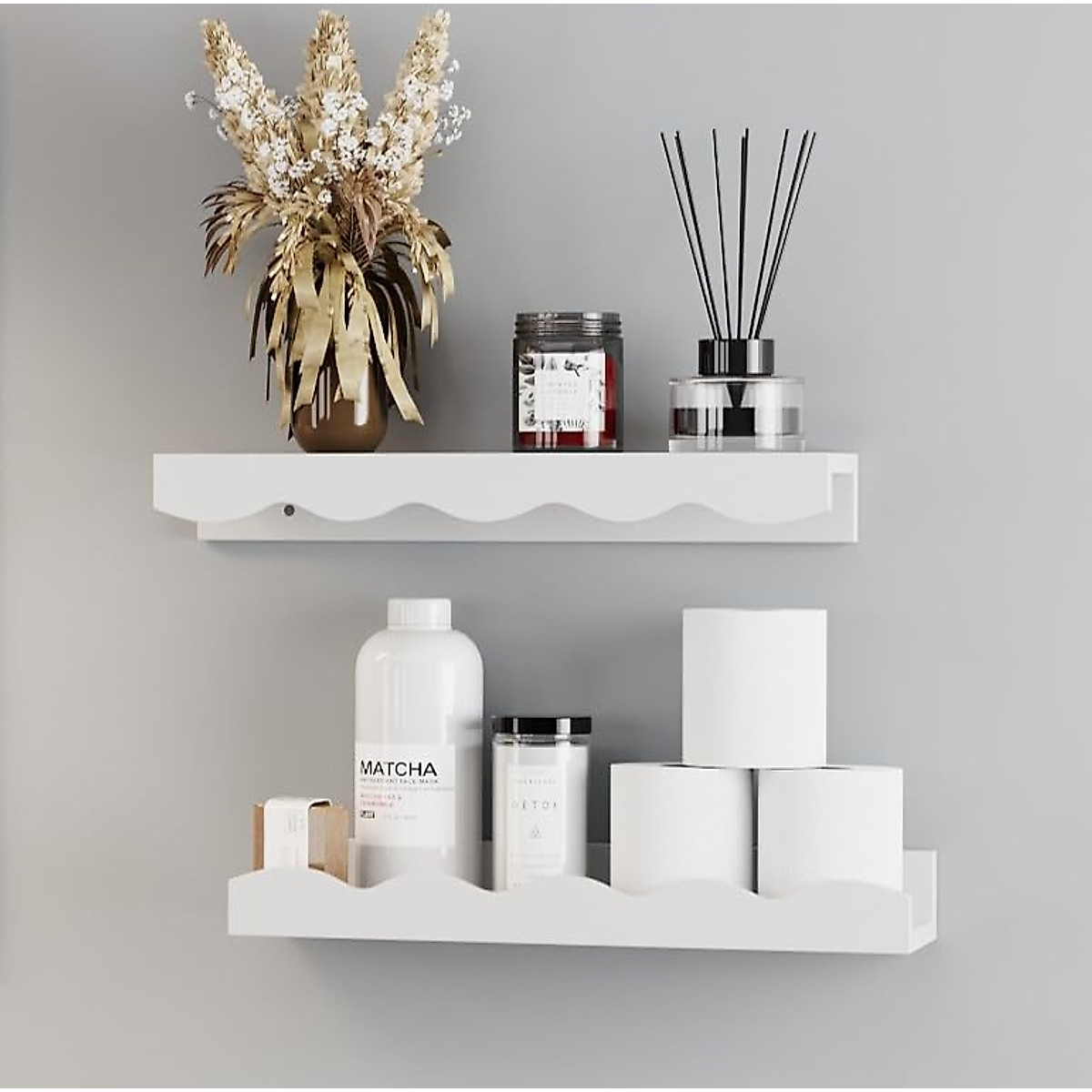 Floating Nursery Book Shelves Set of 2 Bathroom Shelves Over Toilet Modern Wood Storage Shelves for Wall Decor, Books, Toys, Photo Frames, Picture Ledge-White