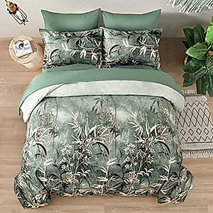 Dinjoy Botanical Comforter Set Queen 7 Pieces Bed in A Bag Dark Green Bamboo Leaves Comforter Set Soft Microfiber Queen Green Omber Comforter with Sheet (7 PCS Queen Comforter,Green)