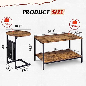 WLIVE Coffee Table, 2 in 1 Design Nesting Coffee Table with Side Pouch for Living Room, Small Round and Rectangular Living Room Table Set, Metal Frame and Wood Desktop,Easy Assembly, Rustic Brown