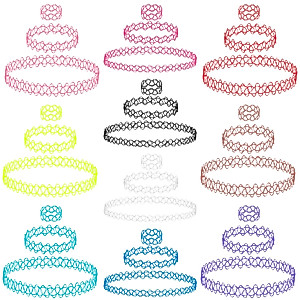 BodyJ4You 30PC Choker Henna Tattoo Necklace Bracelet Ring Set - Stretchy 90s Accessories Women Girls Kids - Vibrant Rainbow Pink Green Blue Red Clear White - Elastic Adjustable Jewelry