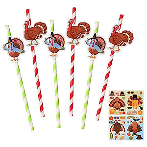 20 Pack Christmas or Thanksgiving Party Decorative Straws Turkey Christmas or Thanksgiving Straws with 4 Sheets Make-A-Turkey Stickers Straws for Christmas Supplies Party Favors - Mixed