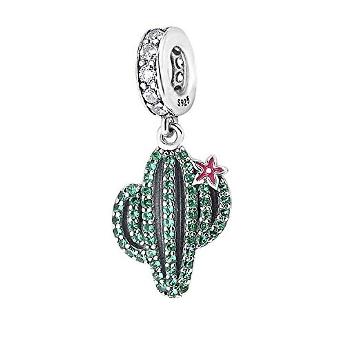 Plants and Insects Charm 925 Sterling Silver Cactus Charm Flowers Beads Botany Charm for Bracelet & Necklace (Green Cactus & Pink Flower)
