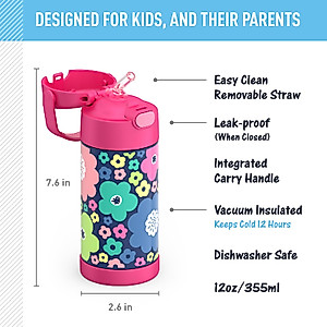 THERMOS FUNTAINER Water Bottle with Straw - 12 Ounce - Kids Stainless Steel Vacuum Insulated Water Bottle with Lid, Mod Flowers