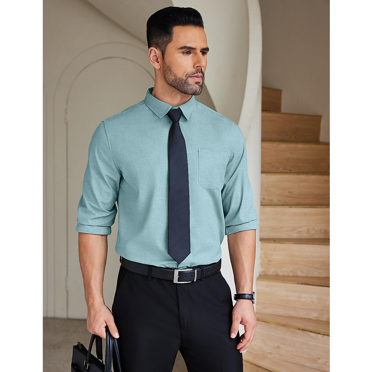 COOFANDY Mens Dress Shirts Wrinkle Free Long Sleeve Button Down Shirts Formal Business Shirt Light Green