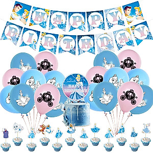 33 Pcs Cinderella Party Supplies,1 Cinderella Backdrop,1 Cake Topper, 12 Cupcake Toppers, 1 Happy Birthday Banner, 18 Balloons for Girls & Boys (5x3FT)