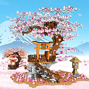 NEWRICE Sakura Tree House Lights Building Kit,City Architecture Inari Shrine Building Blocks Sets,for Adults,or Aged 12+ Boys Girls (1103 Pieces)