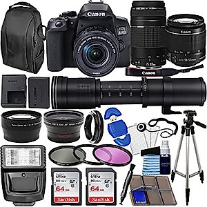 Camera EOS 850D (Rebel T8i) DSLR Camera w/ 18-55mm Lens + 75-300mm III Lens + 420-800mm Zoom Lens + Wide Angle + Telephoto Lens + 128GB Memory + Case + Tripod + Filter Kit + Pro Bundle