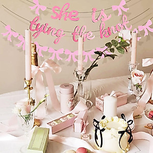 JeVenis She is Tying The Knot Banner Tie The Knot Bridal Shower Decor Pink Bow Banner Garland Coquette Bachelorette Party Decorations