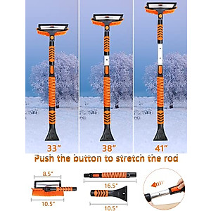 UHdod Ice Scraper and Snow Brush for Car SUV Trucks, 41” Extendable Snow Cleaning Brush for Car Windshield with Squeegee Telescoping Handle 180° Pivoting Brush Head Snow Scraper