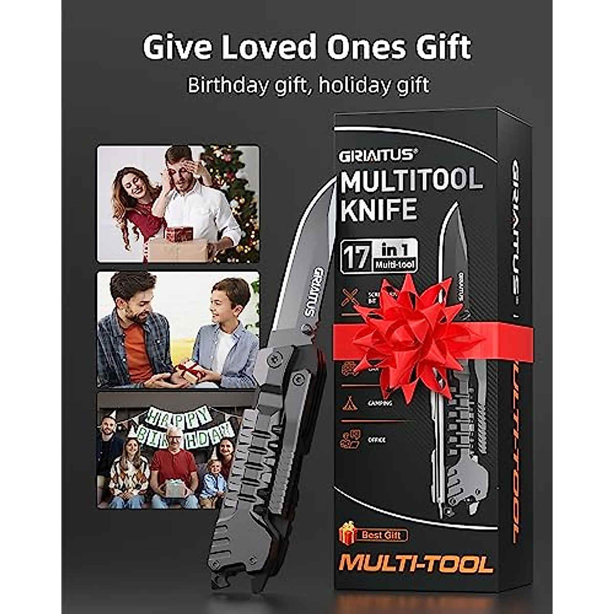Multitool Knife 17 in 1Fire Starting Sticks, Bottle Opener, Saw Screwdrivers Bottle Opener, Whistle, Window Breaker and More -Perfect for Camping, Outdoorl, Survival and Everyday Use,Gifts for Men Dad