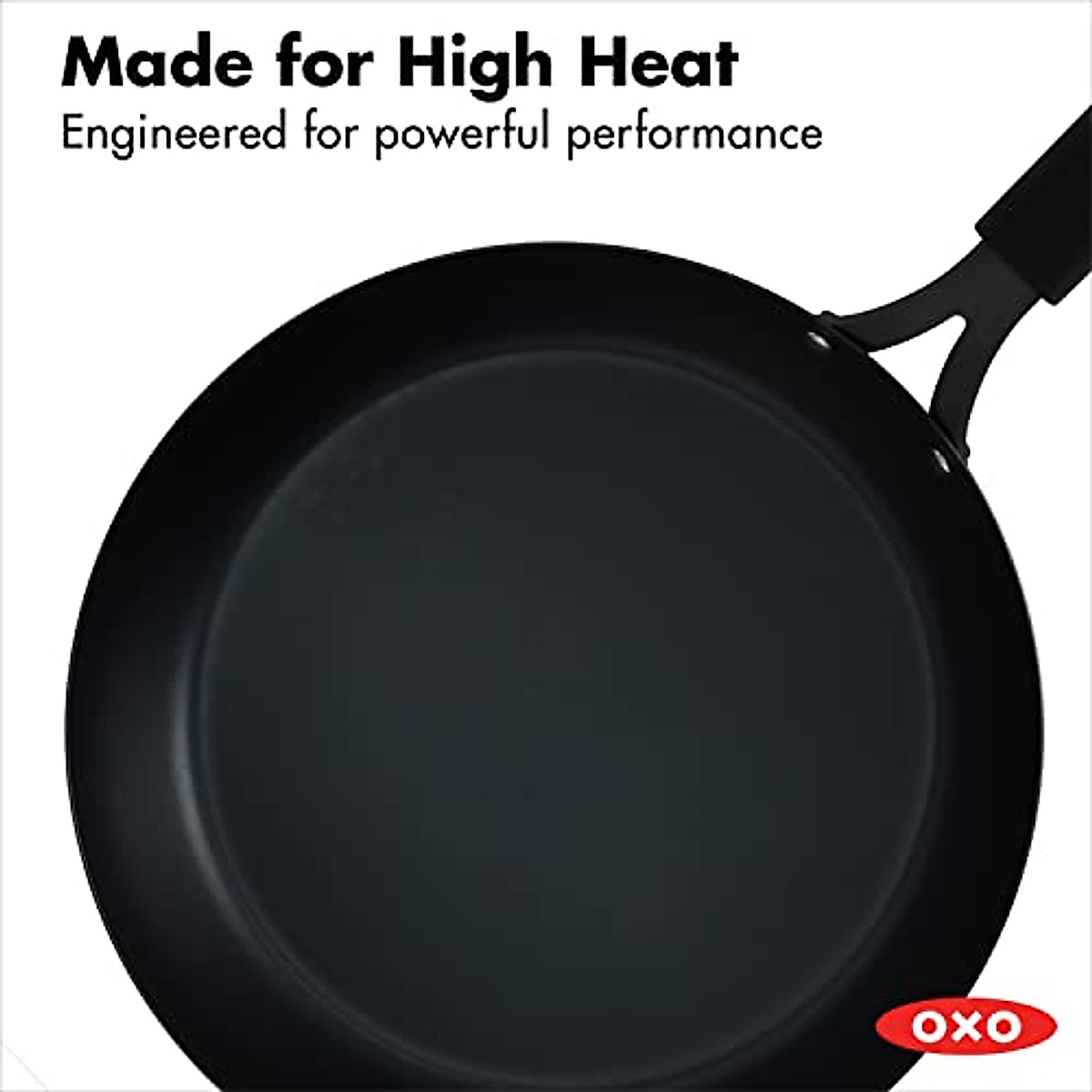 OXO Obsidian Pre-Seasoned Carbon Steel, 12" Frying Pan Skillet with Removable Silicone Handle Holder, Induction, Oven Safe, Black