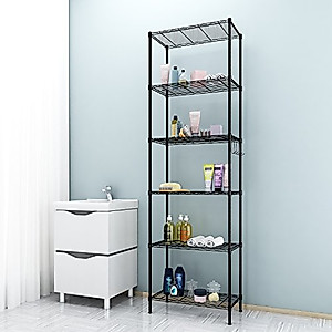 BATHWA 6-Tier Metal Wire Rack, Free Standing Shelving Unit, Adjustable Heavy Duty Storage Shelves for Kitchen Organization, with Leveling Feet and Stainless Side Hooks, Black