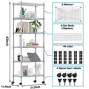 Devo 6-Tier Wire Shelving Unit, Adjustable Metal Shelving for Storage, Heavy Duty Wire Storage Racks with Side Hooks, Pantry Shelves for Garage, Kitchen, Living Room, Bathroom (Upgrade Silver)