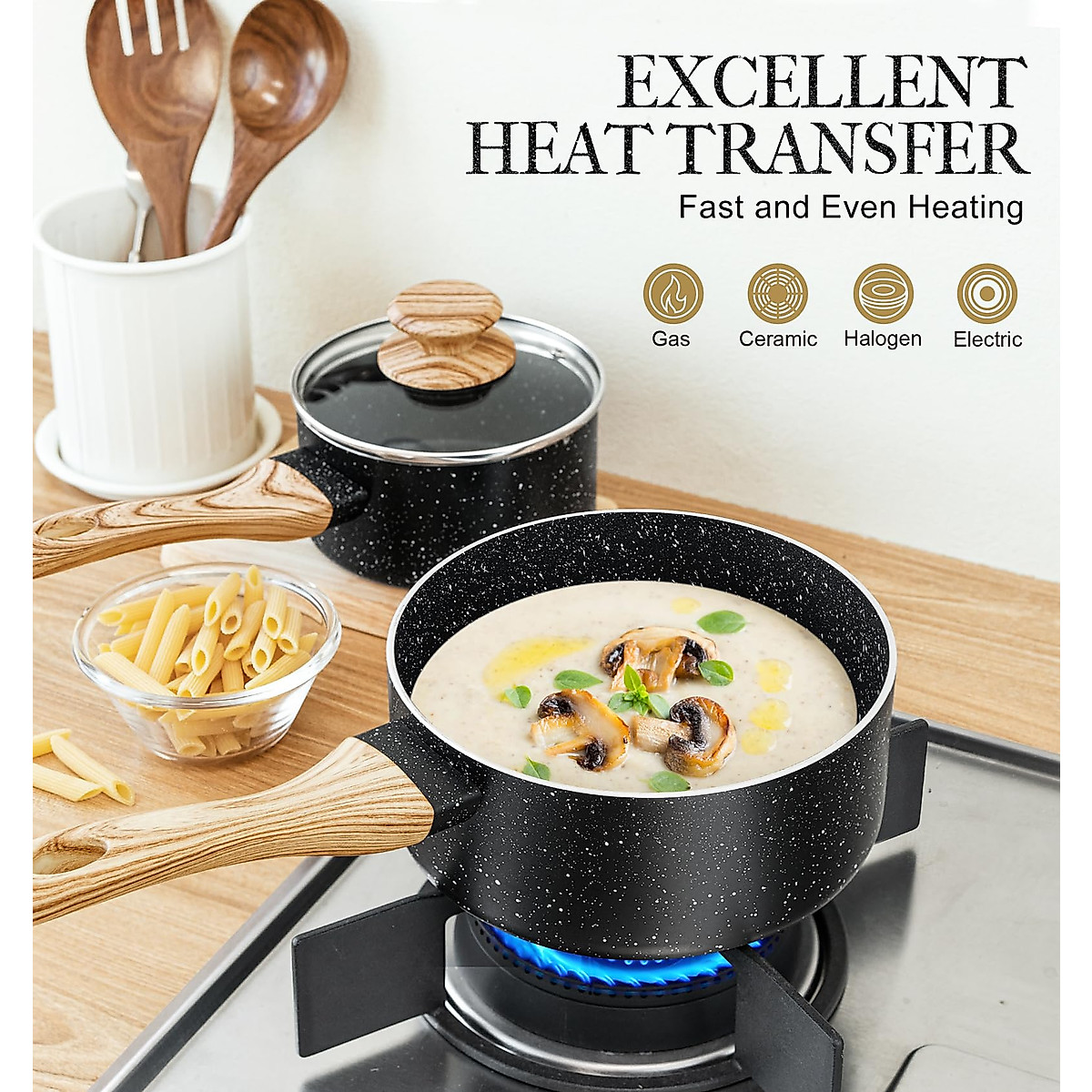 MICHELANGELO 2 Quart Saucepan with Lid,Nonstick Sauce Pan with Lid, Small Pot with Lid, Stone Coating Small Sauce Pan, Ergonomic Bakelite Handle, Black