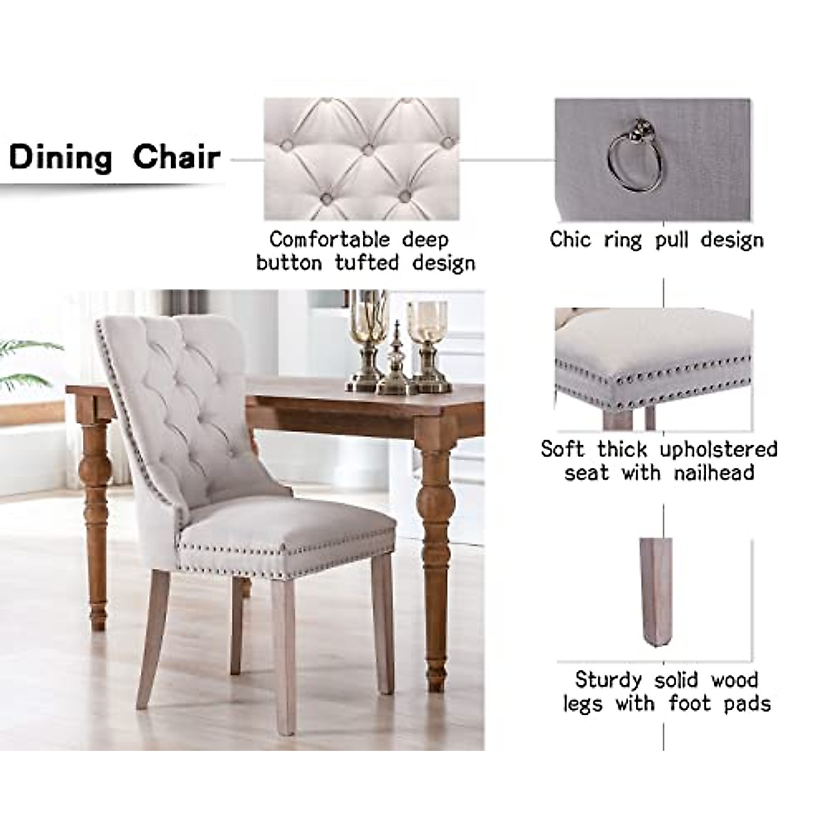 chairus Dining Chairs Set of 2 with Tufted High Back Retro Linen Fabric Upholstered Dining Room Chairs Side Chairs Rustic White Wood Legs Nailhead Trim Ring Pull- Beige 2PCS