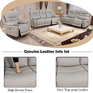 Ocstta Genuine Leather Power Recliner Couch, 77" Leather Couch with Storage Console&Cup Holer, Top Grain Reclining Leather Couch for Living Room Office Apartment (Recliner Loveseat, Light Grey)