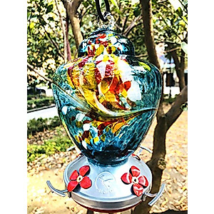 REZIPO Hummingbird Feeder with Perch - Hand Blown Glass - Blue - 38 Fluid Ounces Hummingbird Nectar Capacity Include Hanging Wires and Moat Hook