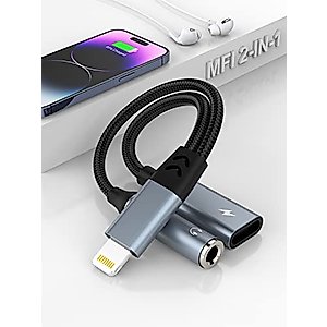 iPhone Headphone and Charger Adapter 2-in-1 Lightning to 3.5mm AUX Audio + Lightning Charger Splitter Dongle for iPhone 14/13/12/11 Pro Max/Pro/Plus/Mini/XR/XS/8/7 Plus-Apple MFi Certified