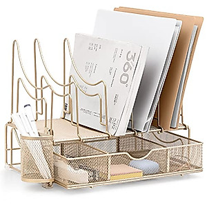 ARCOBIS Gold Desk File Organizer for Women, Desk Organizers and Accessories with Pen Holder & Sliding Drawer & Vertical File Folder Sorters, Cute Desktop File Holder for Office Supplies