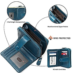 Small Wallets for Women RFID Blocking Leather Zipper Coin Pocket Wallet Card Case with ID Window (Peacock Blue)