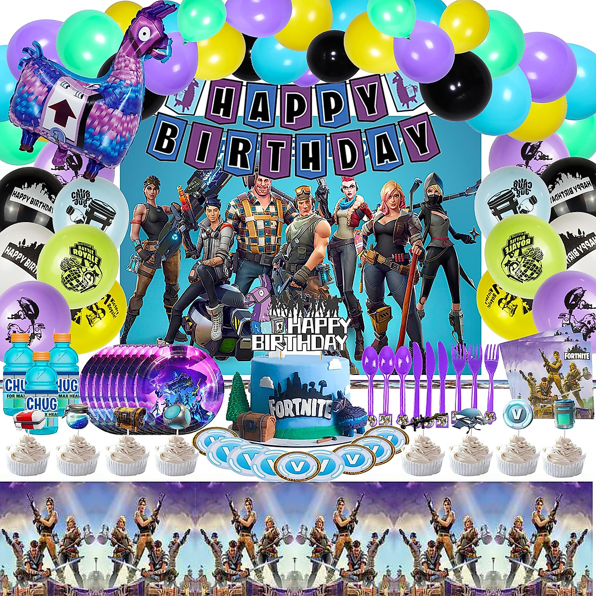 Video Game Party Supplies, Party Decorations for Boys Include Birthday Banner, Balloons, Backdrop, Tableware, Napkins, Foil Balloon, Chocolate Stickers and Bottle Labels