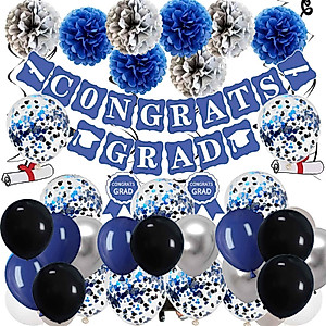 We Moment 12 Inch Black Balloons Navy Blue Balloons 12 Inch Chrome Metallic Silvery Balloon with Confetti Balloons，50pcs，for Baby Shower Boys' Birthday Graduate Black Blue Party Decoration