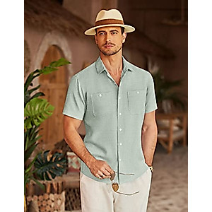 COOFANDY Men's Linen Shirts Casual Beach Button Down Short Sleeve Shirt Summer Light Green