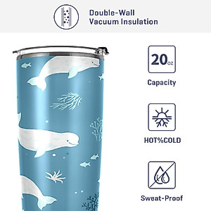 Coral Beluga Whales Fish Tumbler Stainless Steel Insulated Cup Travel Mug for Coffee Double Wall Vacuum Thermos with Straw and Lid 20oz