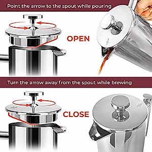 Mueller French Press Double Insulated 304 Stainless Steel Coffee Maker 4 Level Filtration System, No Coffee Grounds, Rust-Free, Dishwasher Safe