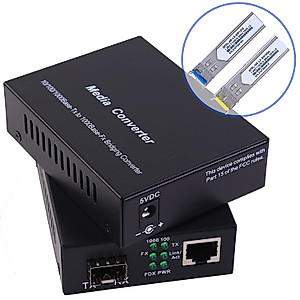 A Pair of 1.25G Gigabit Ethernet Fiber Media Converters with SFP LC Single Core Transceiver Module, Single-Mode LC, SMF RJ45 to SFP Slot up to 30KM, 10/100/1000Base-Tx to 1000Base-SX (2 Pack)
