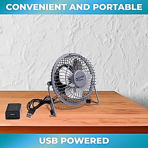 Comfort Zone Mini Portable Desk Fan with 360-Degree Adjustable Tilt, Dual Powered (USB or Power Cord), 4 inch, All-Metal Construction, Airflow 3.31 ft/sec, Ideal for Home, Bedroom & Office, CZHV4BK
