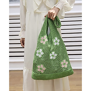 ENBEI Crochet Tote Beach Bag for Women with 6 Flower Pattern, Aesthetic Boho Large Bag, Foldable & Lightweight, Perfect for Beach, Travel, Daily Use & Gift