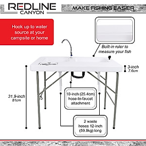 Redline Canyon Camping Sink Table with Dual Sinks - Plastic, Steel, Portable 32in Tall Fish Cleaning Table Countertop Camping Kitchen with Faucet