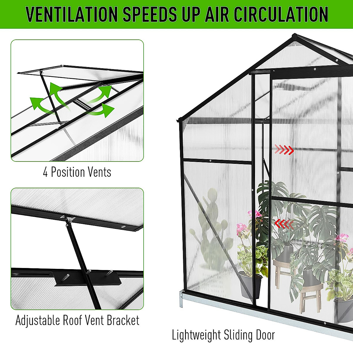 Zstar 6x6 FT Polycarbonate Greenhouses with Sliding Door and Adjustable Vent Window, Heavy Duty Outdoor Aluminum Walk-in Green House for Outdoor Garden Backyard, Greenhouses for Outdoors, Black