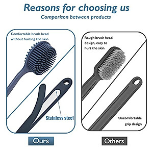 SAMEBUTECO Silicone Bath Brush Body Back Scrubber for Shower & Face Scrubber Set Bath Body Brush with Stainless Steel Inner, Long Handle 11.5 ‘’,Adhesive Free Hook,BPA-Free (3 in 1)