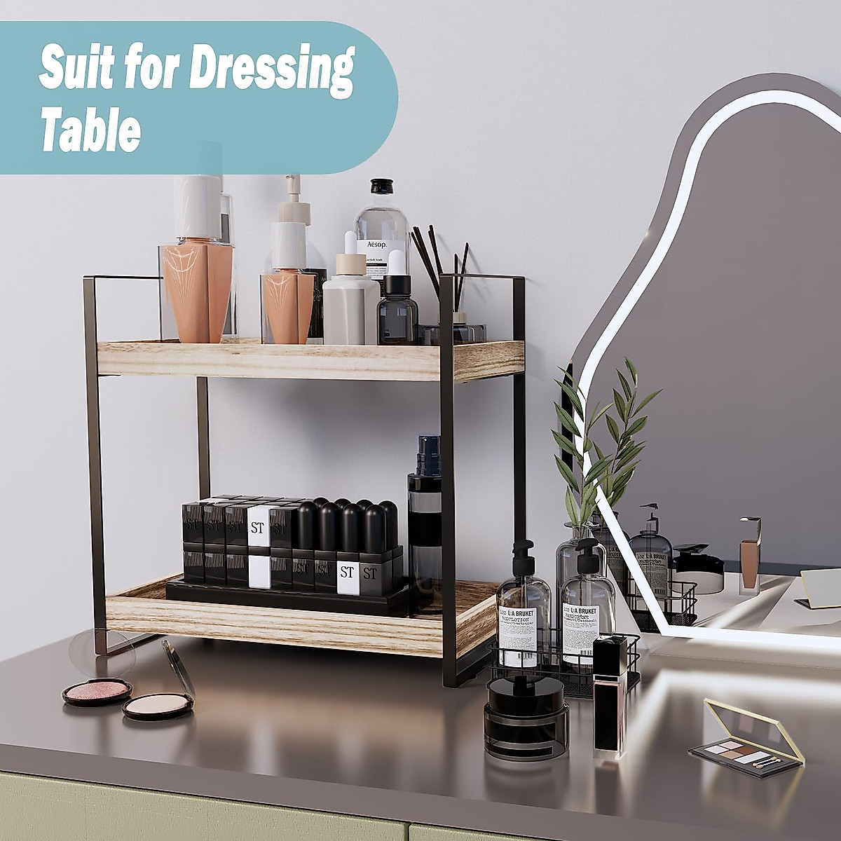 PUNMEYCOOL 2-Tier Bathroom Counter Organizer, Hidden Screw Holes Wood Countertop Organizer Shelf, Skincare Storage Tray for Vanity Counter Corner, Kitchen