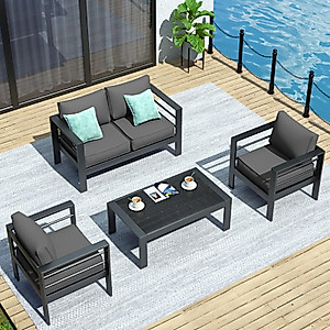 VONZOY Aluminum Patio Furniture,Outdoor Metal Sectional Sofa with Table and Waterproof Covers,Grey Modern Patio Furniture Set for Garden Backyard (5-Piece)