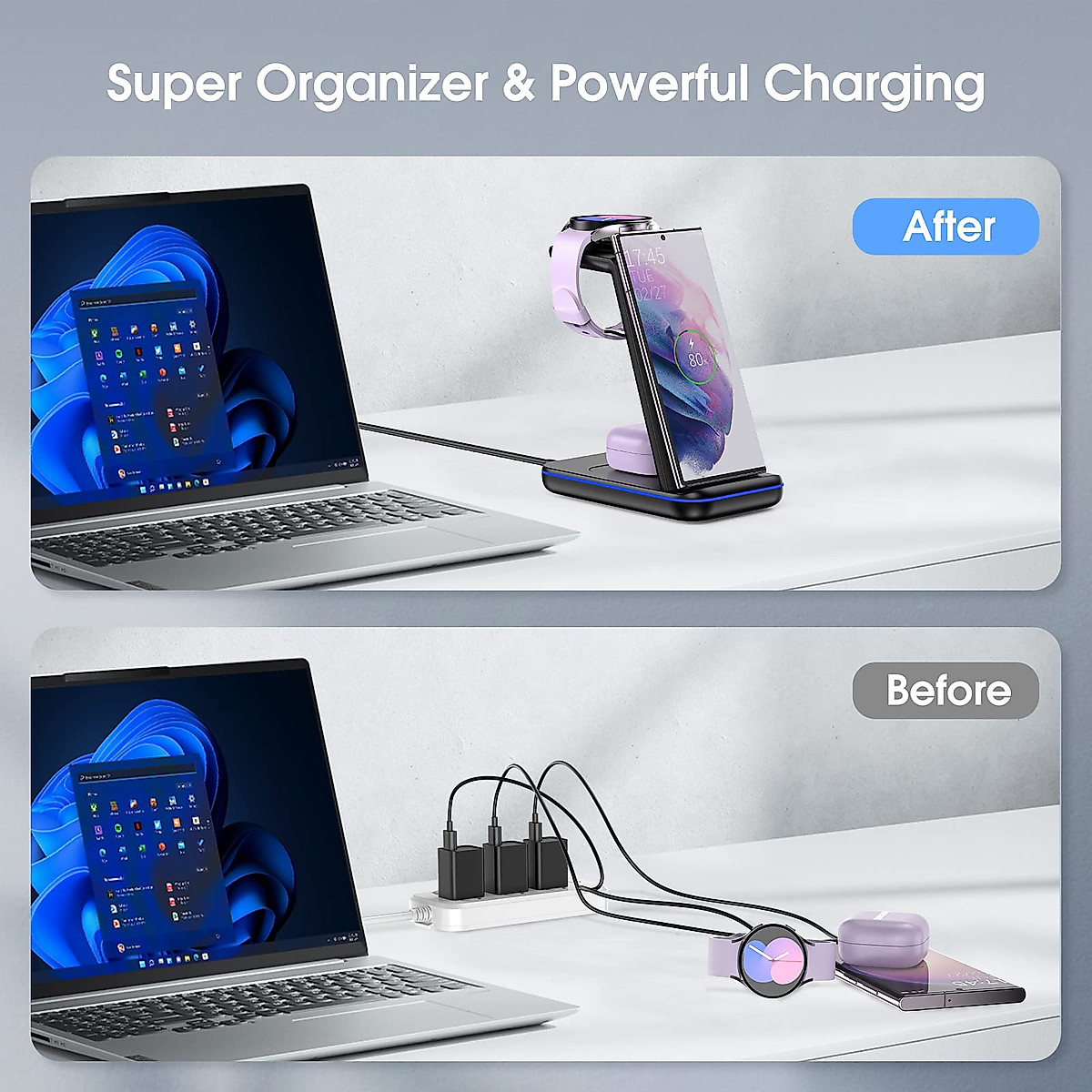 Wireless Charging Station for Samsung, S24 Ultra Wireless Charger Station for Galaxy S24/23/22/21/Z Flip 4/3 Fold 4/3, Wireless Watch Charger for Galaxy Watch 6/5/4/3/Active 2/1/LTE, Buds/Pro/+/Live