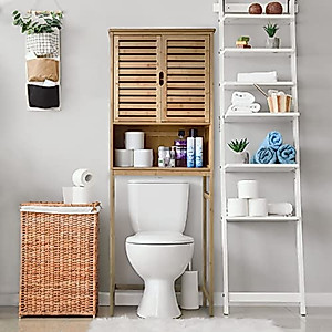 MUPATER Bathroom Over-The-Toilet Storage Cabinet with Doors and Shelves, Bamboo Over Toilet Organizer, Freestanding Tall Space Saver Toilet Rack, Natural Wood