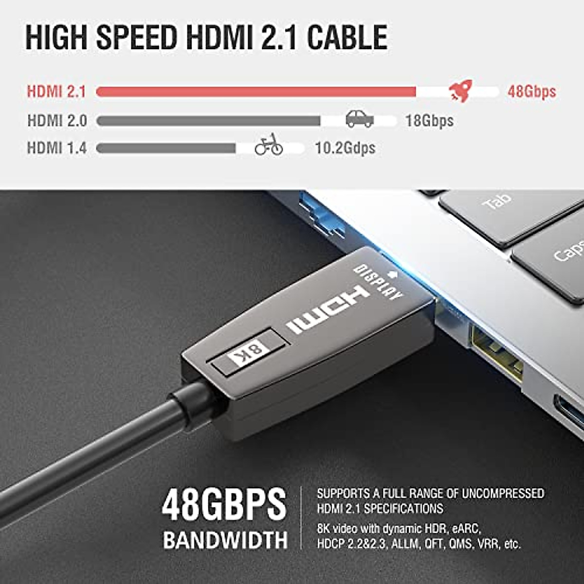 Dikuolink 8K HDMI 2.1 Fiber Optic Cable 40FT 4K 120Hz 8K 60Hz Ultra High Speed 48Gbps HDR eARC HDCP2.3, Slim Flexible for RTX3080/3090, Game, Xbox Series X, PS4/5, LG C9/CX, Samsung Q90T, TCL, Sony