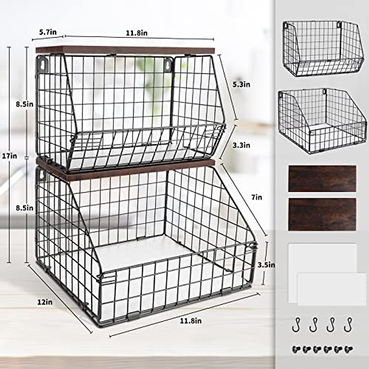 Mefirt Fruit Basket, Enlarged 2-Tier Kitchen Organization Wire Basket with Wood Lid, Stackable Wall-mounted & Countertop Tiered Storage Baskets for Potato Storage, Onion Storage, Snack Onganizer etc